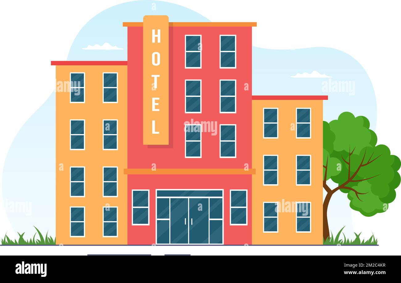 Skyscraper Hotel Building Flat Cartoon Hand Drawn Illustration Template ...