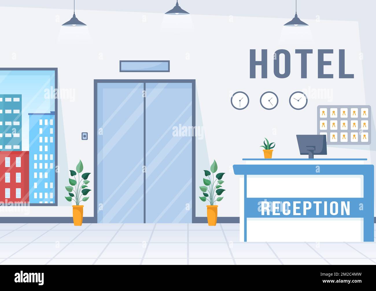 Hotel Reception Interior with Receptionist People and Travelers for ...