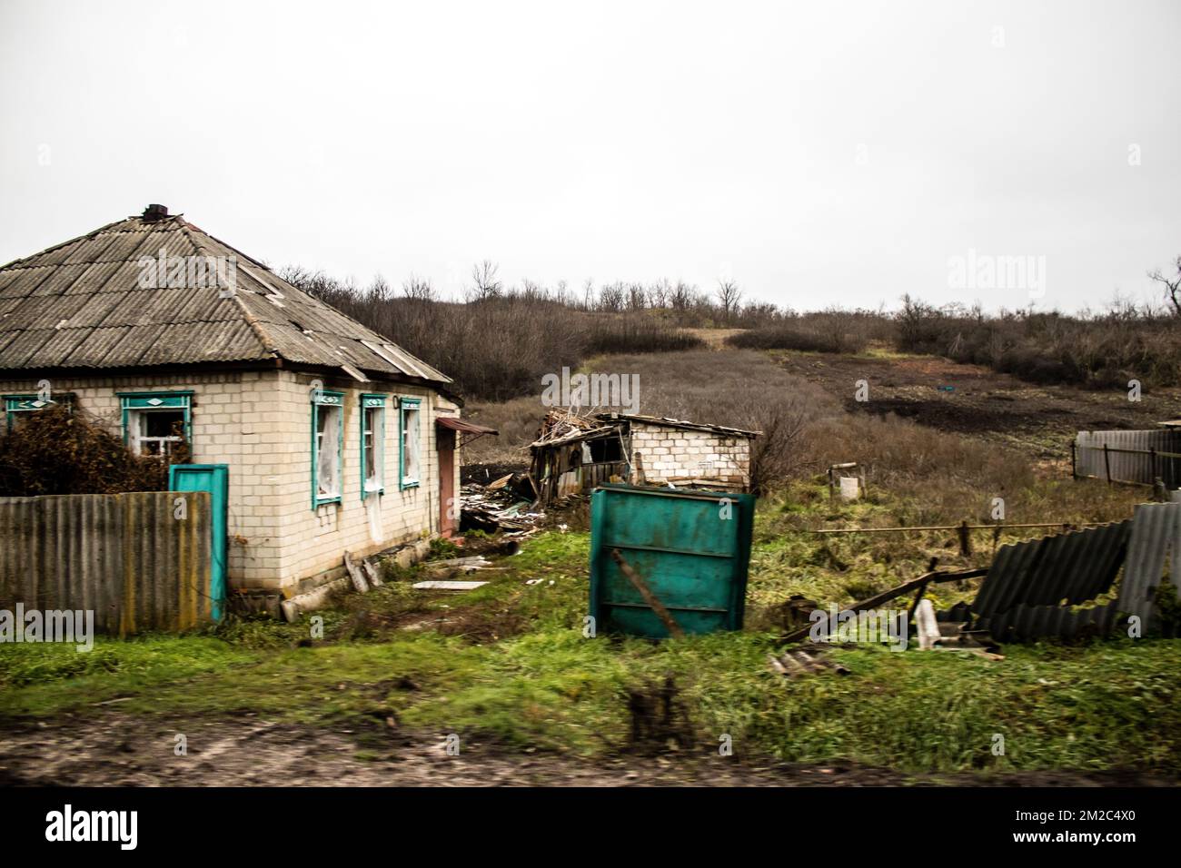 Cityscape of the destroyed village of Terny in the Donbass in Ukraine ...