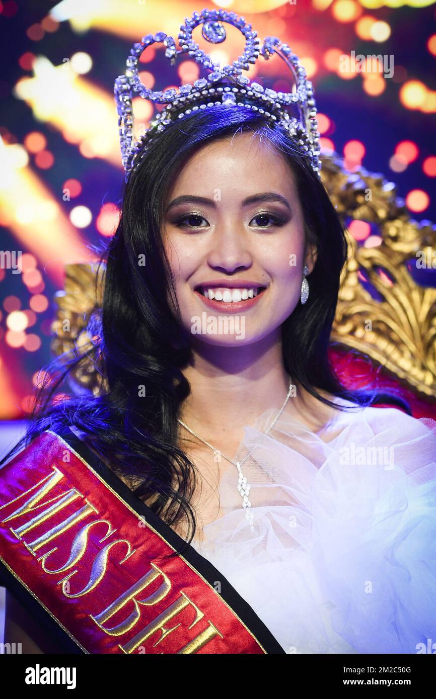 Candidate Angeline Flor Pua Celebrates On The Podium After Winning The Miss Belgium 2018 Beauty