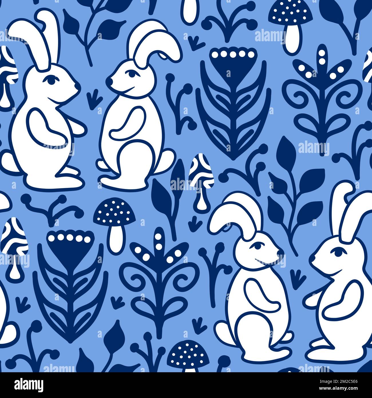 Hand drawn seamless pattern with rabbit bunny on blue background ...