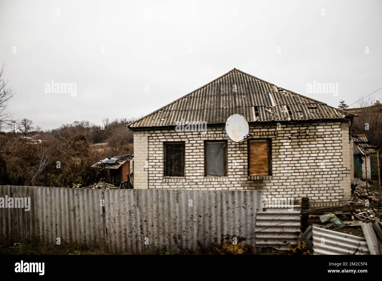 Cityscape of the destroyed village of Terny in the Donbass in Ukraine ...
