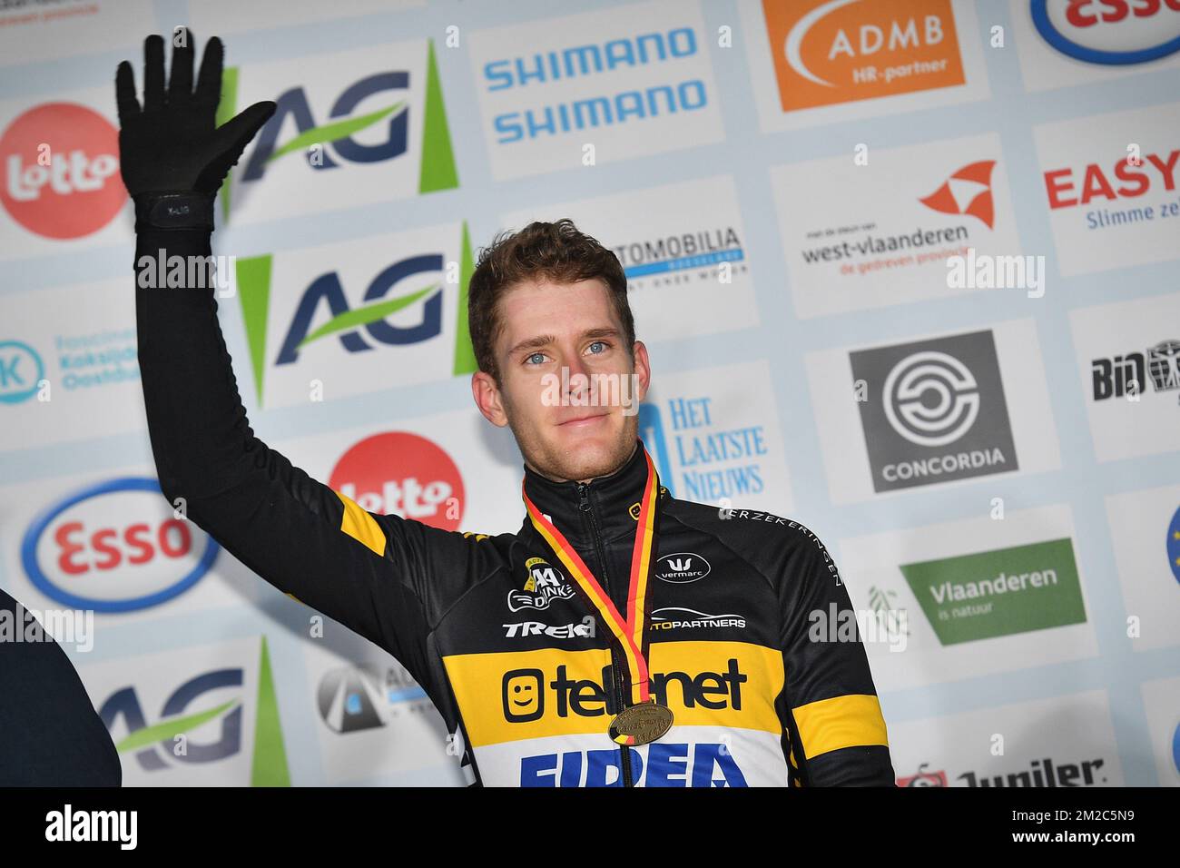 Belgian Daan Soete pictured on the podium after the men's elite race at ...