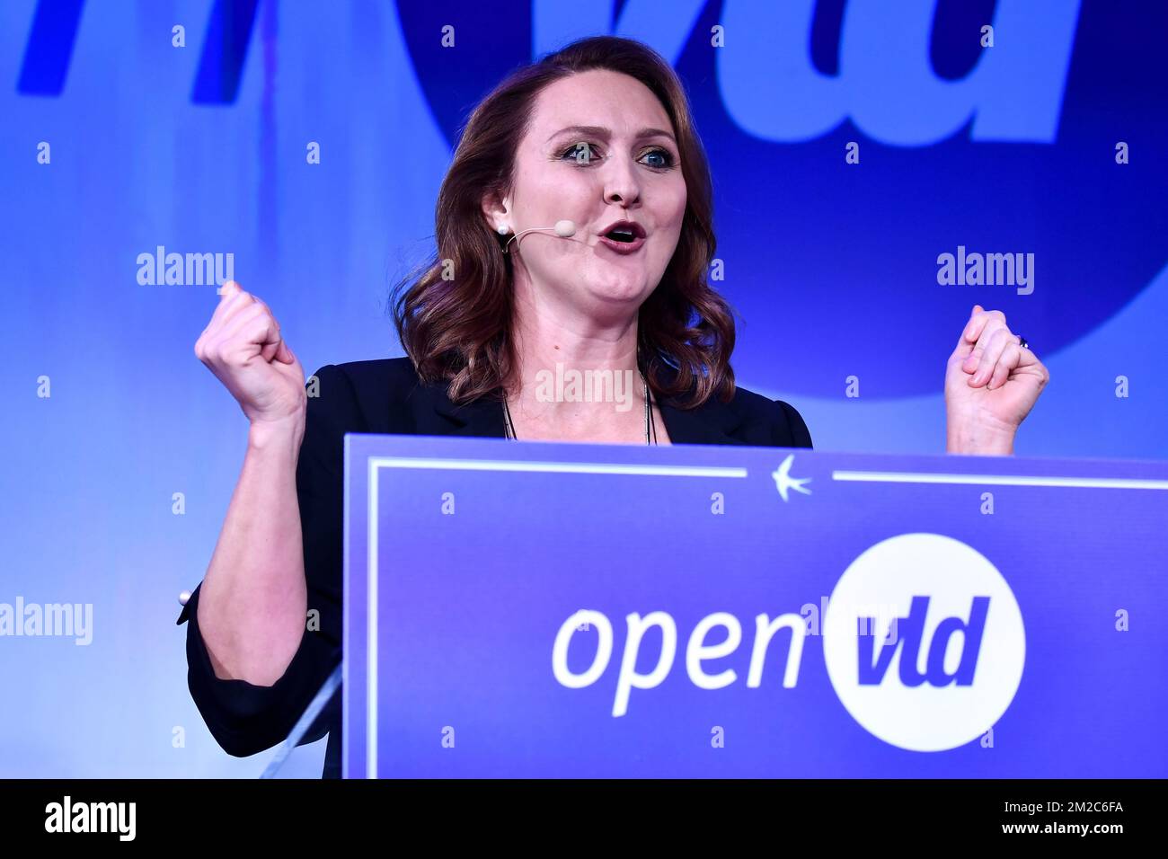 Open Vld chairwoman Gwendolyn Rutten gestures as she delivers a speech ...