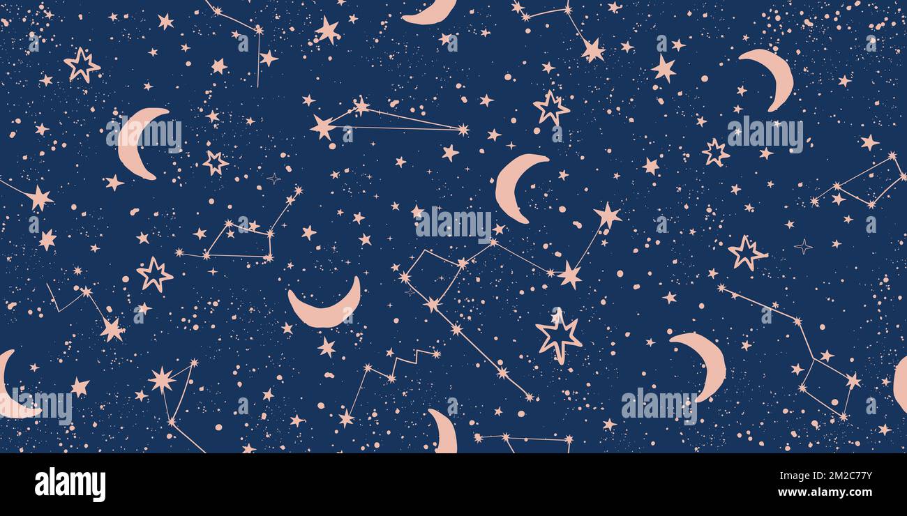 Seamless celestial pattern with stars and moon on blue sky ...