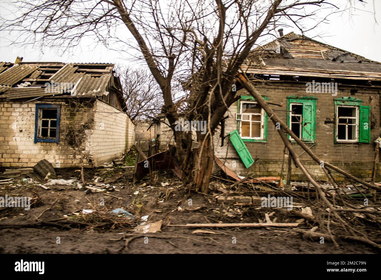 Cityscape of the destroyed village of Terny in the Donbass in Ukraine ...