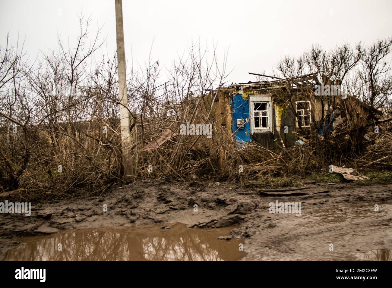 Cityscape of the destroyed village of Terny in the Donbass in Ukraine ...