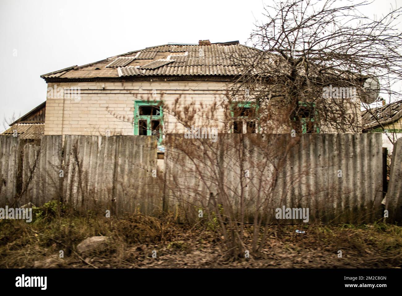 Cityscape of the destroyed village of Terny in the Donbass in Ukraine ...