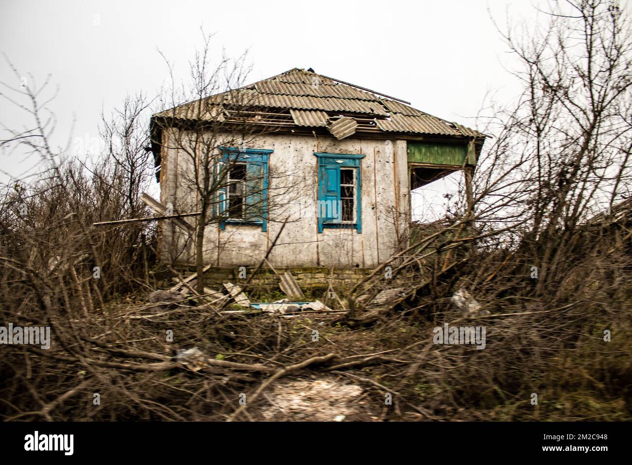 Cityscape of the destroyed village of Terny in the Donbass in Ukraine ...