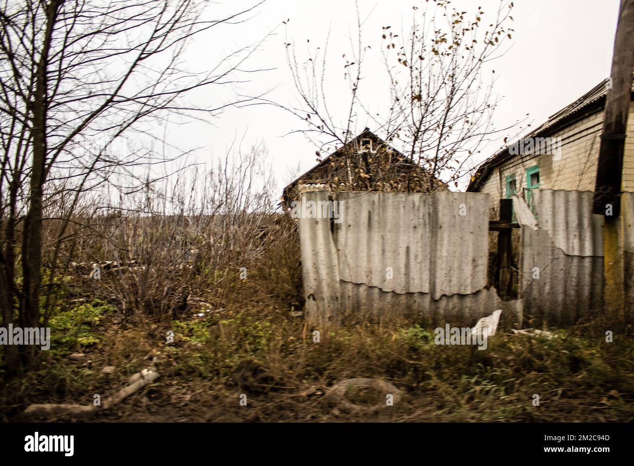 Cityscape of the destroyed village of Terny in the Donbass in Ukraine ...