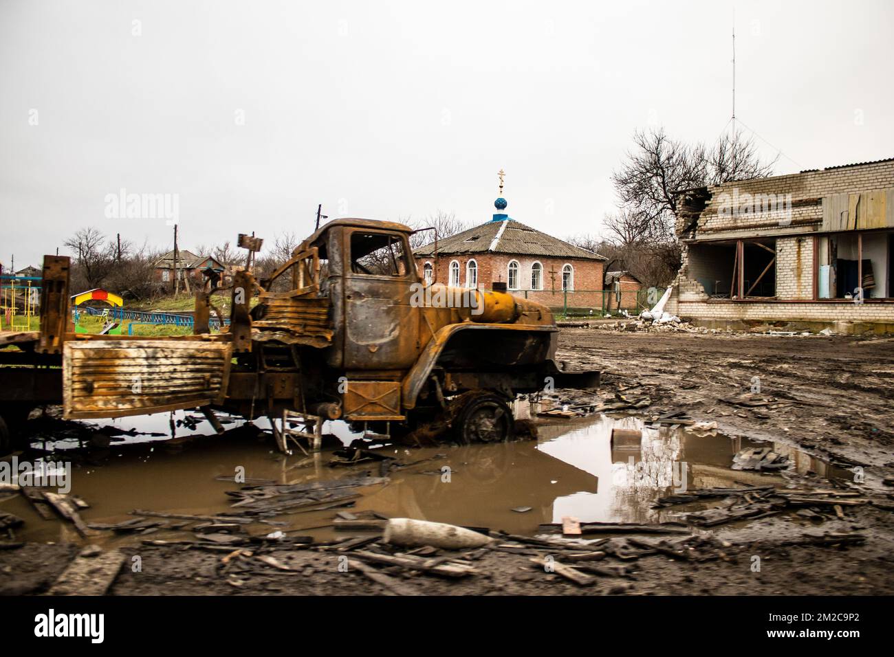 Cityscape of the destroyed village of Terny in the Donbass in Ukraine ...
