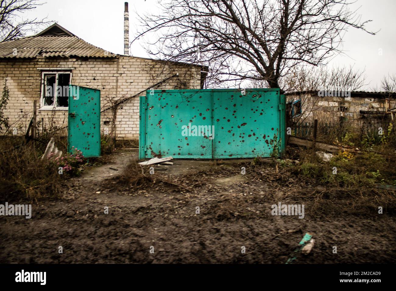 Cityscape of the destroyed village of Terny in the Donbass in Ukraine ...