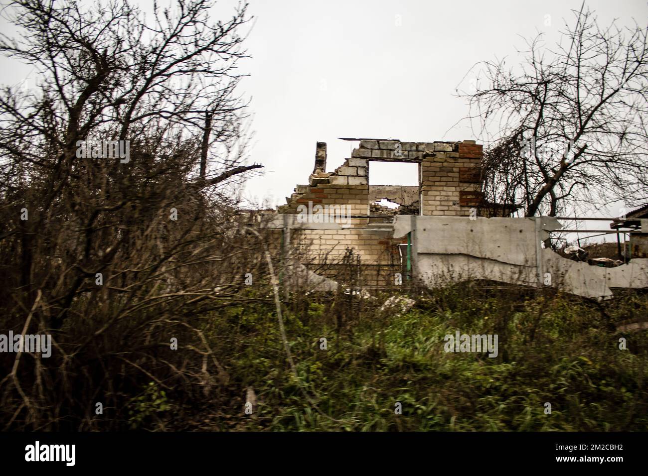 Cityscape of the destroyed village of Terny in the Donbass in Ukraine ...