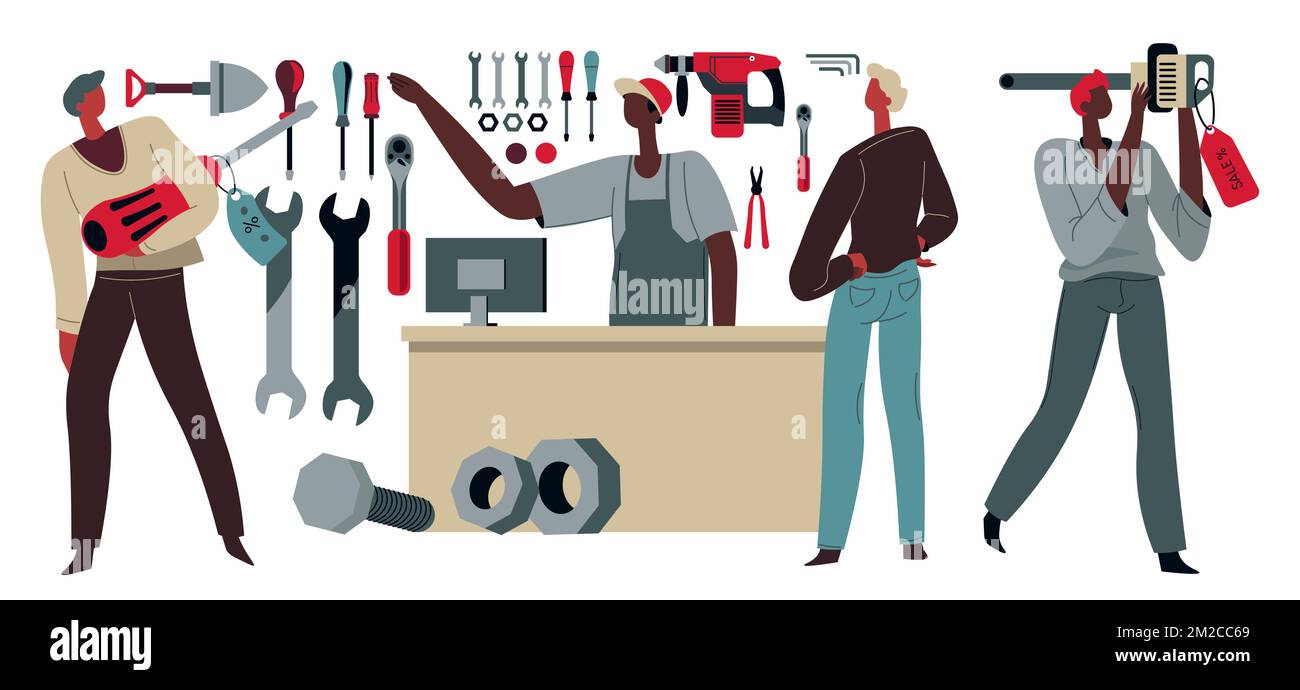 Tool shop with customers and seller showing assortment Stock Vector ...