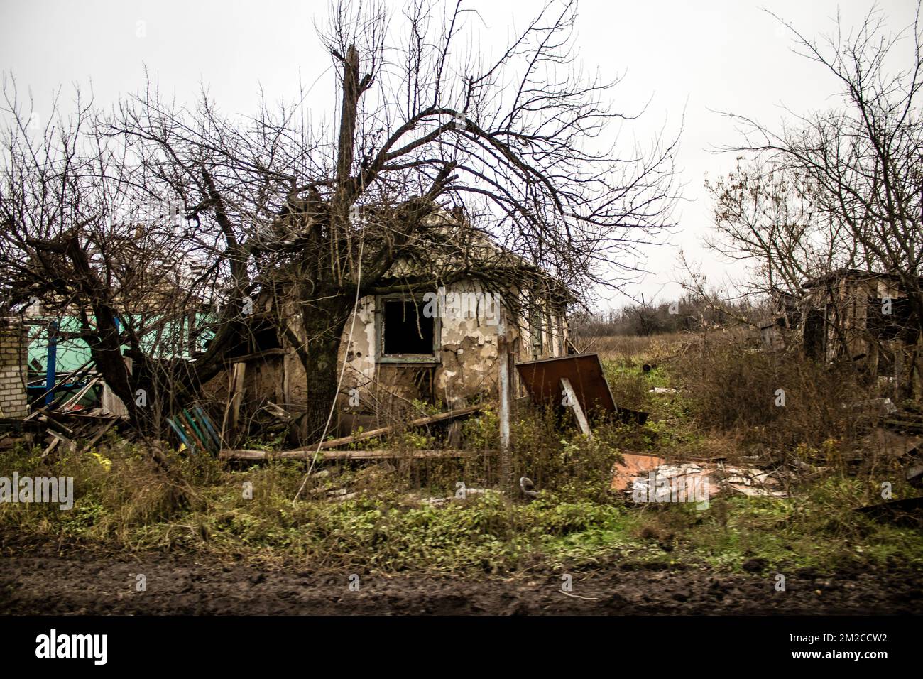 Cityscape of the destroyed village of Terny in the Donbass in Ukraine ...