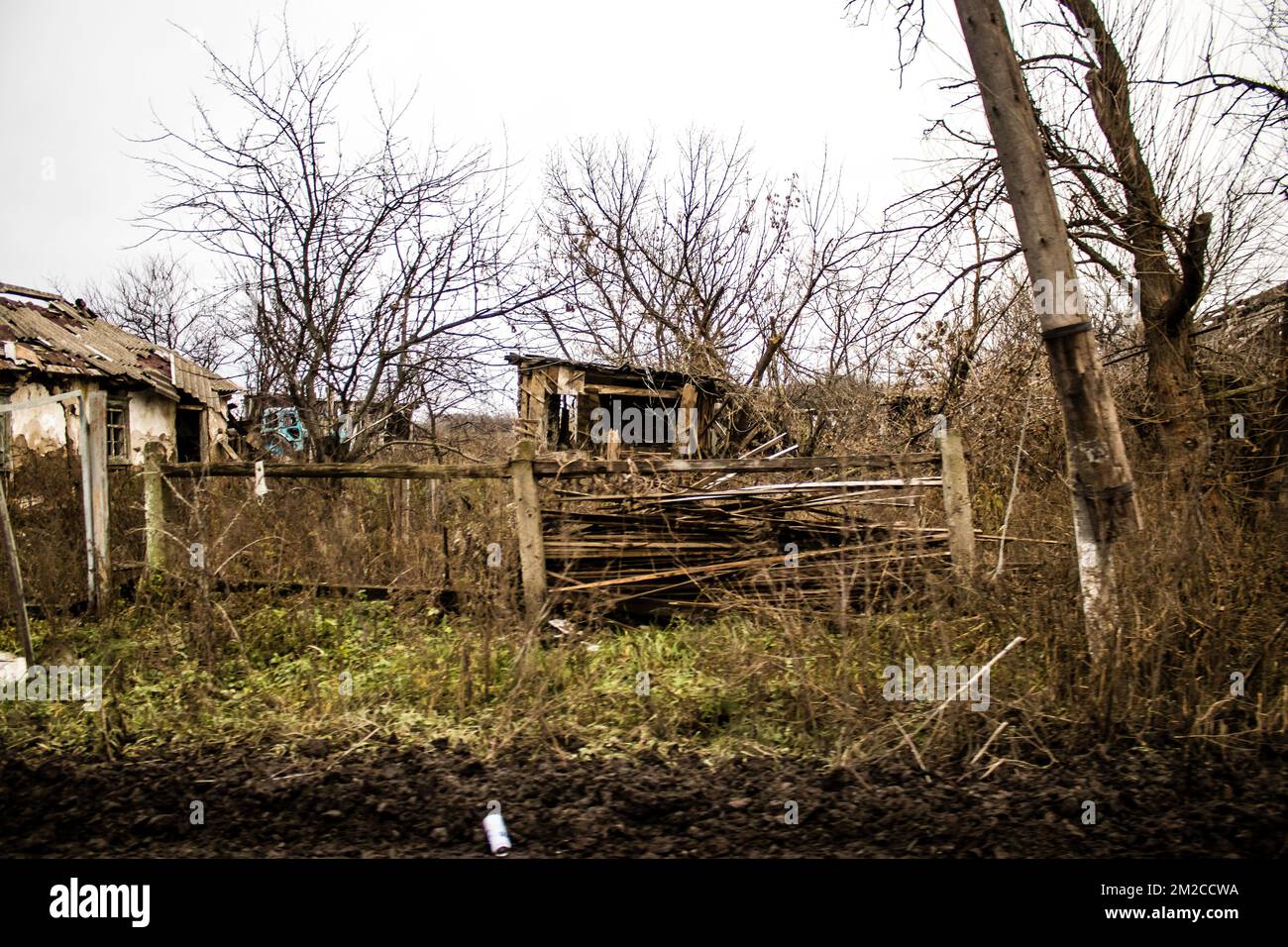 Cityscape of the destroyed village of Terny in the Donbass in Ukraine ...