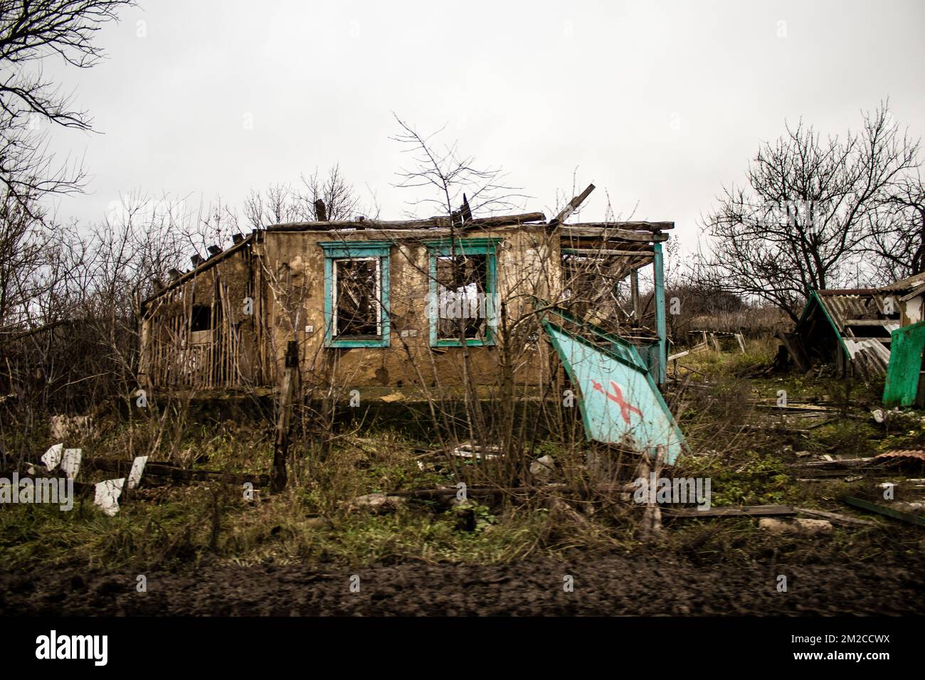 Cityscape of the destroyed village of Terny in the Donbass in Ukraine ...