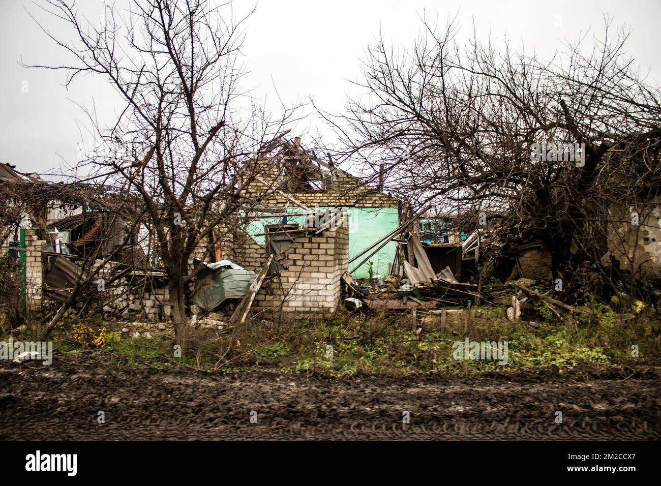 Cityscape of the destroyed village of Terny in the Donbass in Ukraine ...