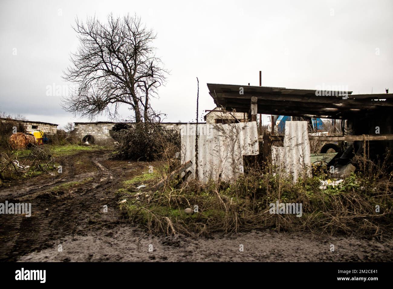 Cityscape of the destroyed village of Terny in the Donbass in Ukraine ...