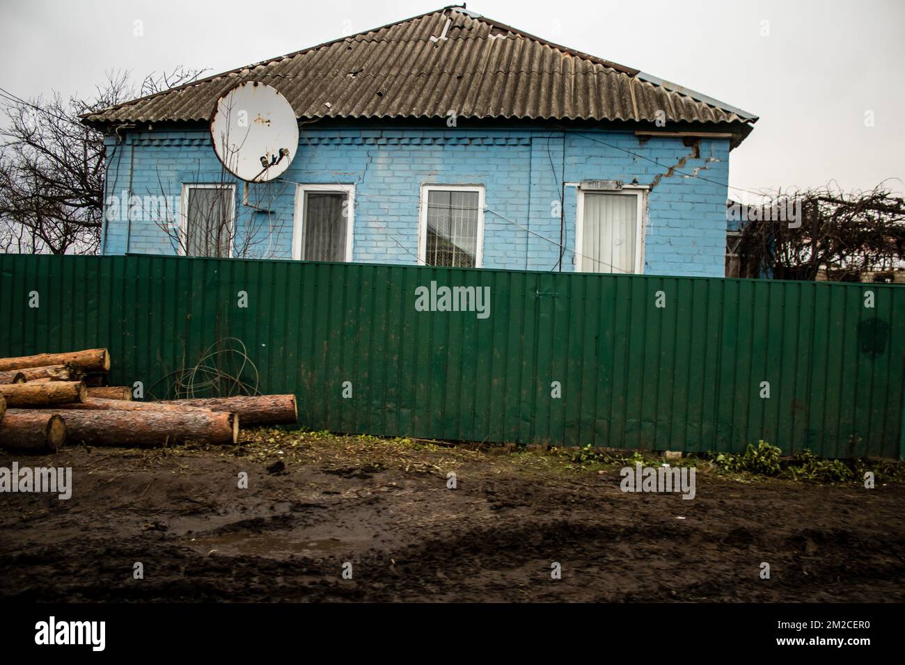 Cityscape of the destroyed village of Terny in the Donbass in Ukraine ...