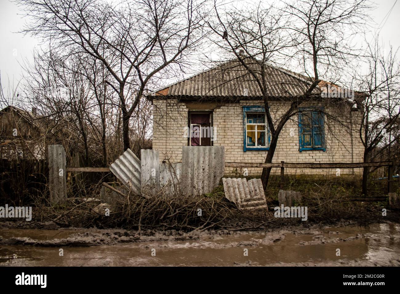 Cityscape of the destroyed village of Terny in the Donbass in Ukraine ...