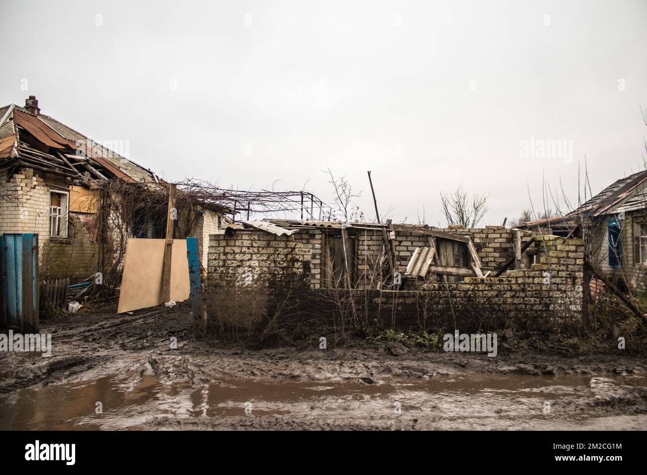 Cityscape of the destroyed village of Terny in the Donbass in Ukraine ...