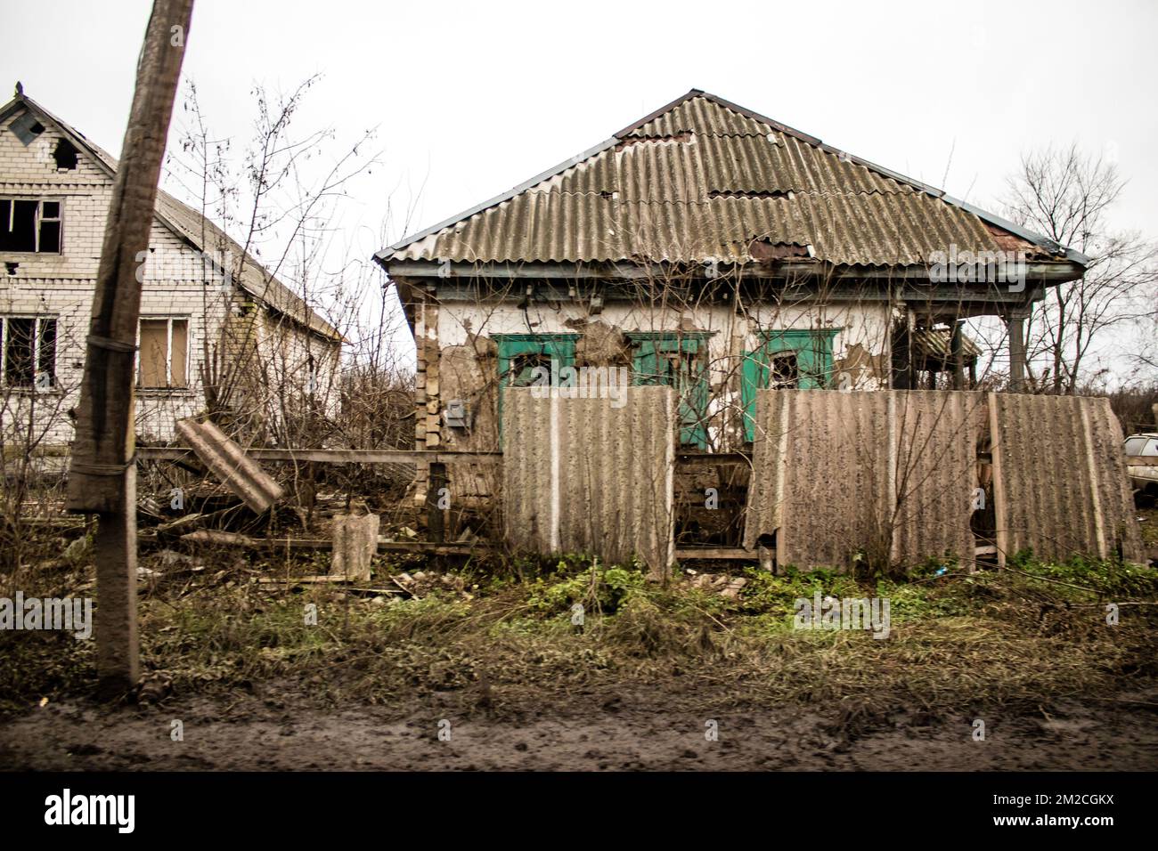 Cityscape of the destroyed village of Terny in the Donbass in Ukraine ...