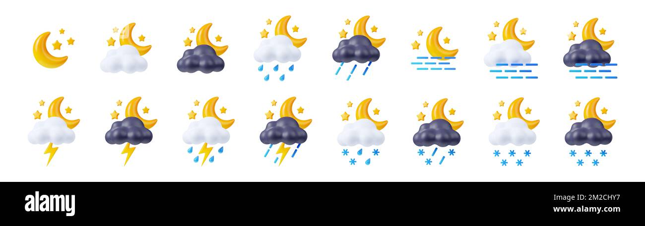 Weather icons, meteorology forecast for night in summer and winter ...