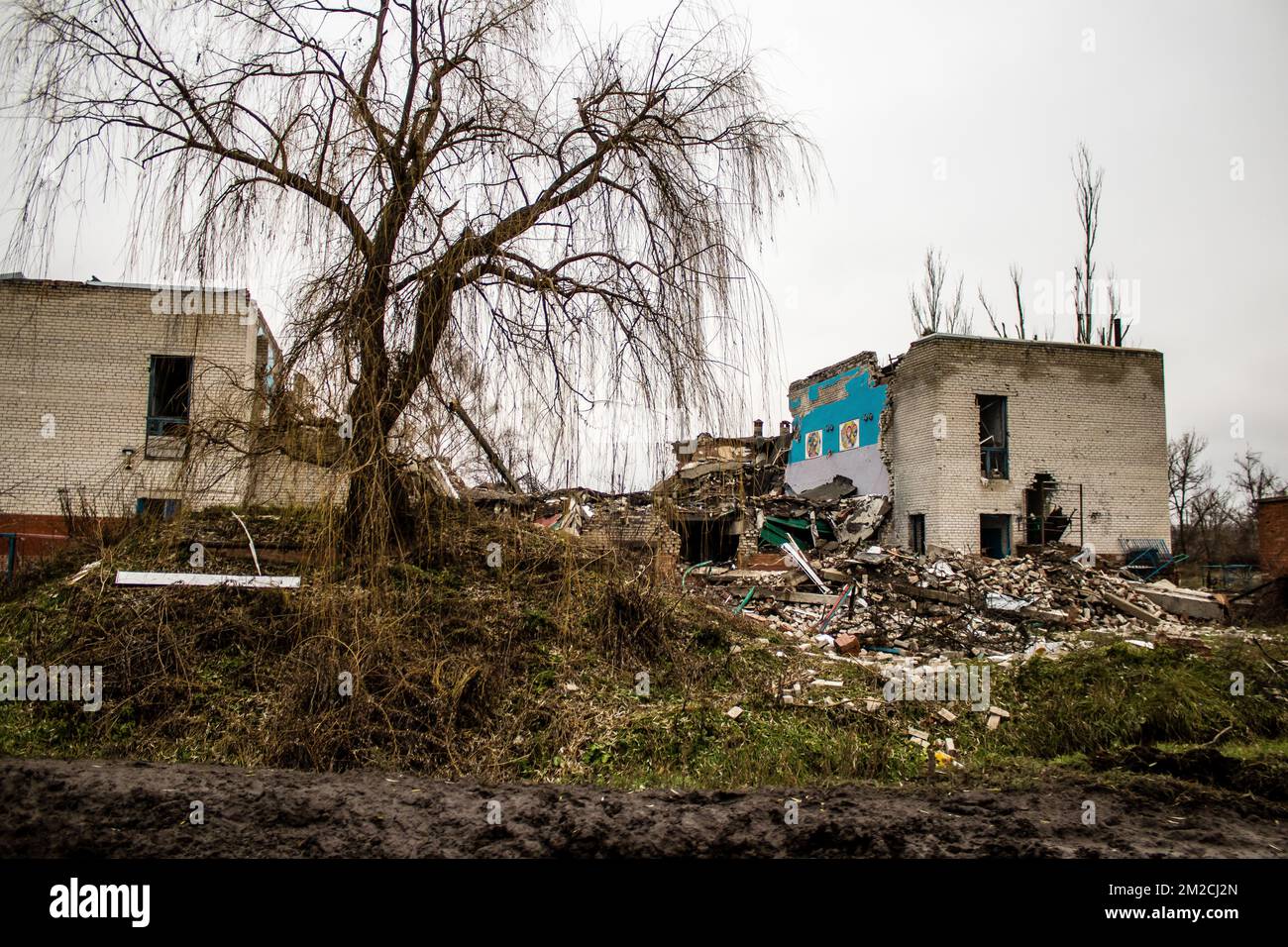 Cityscape of the destroyed village of Terny in the Donbass in Ukraine ...