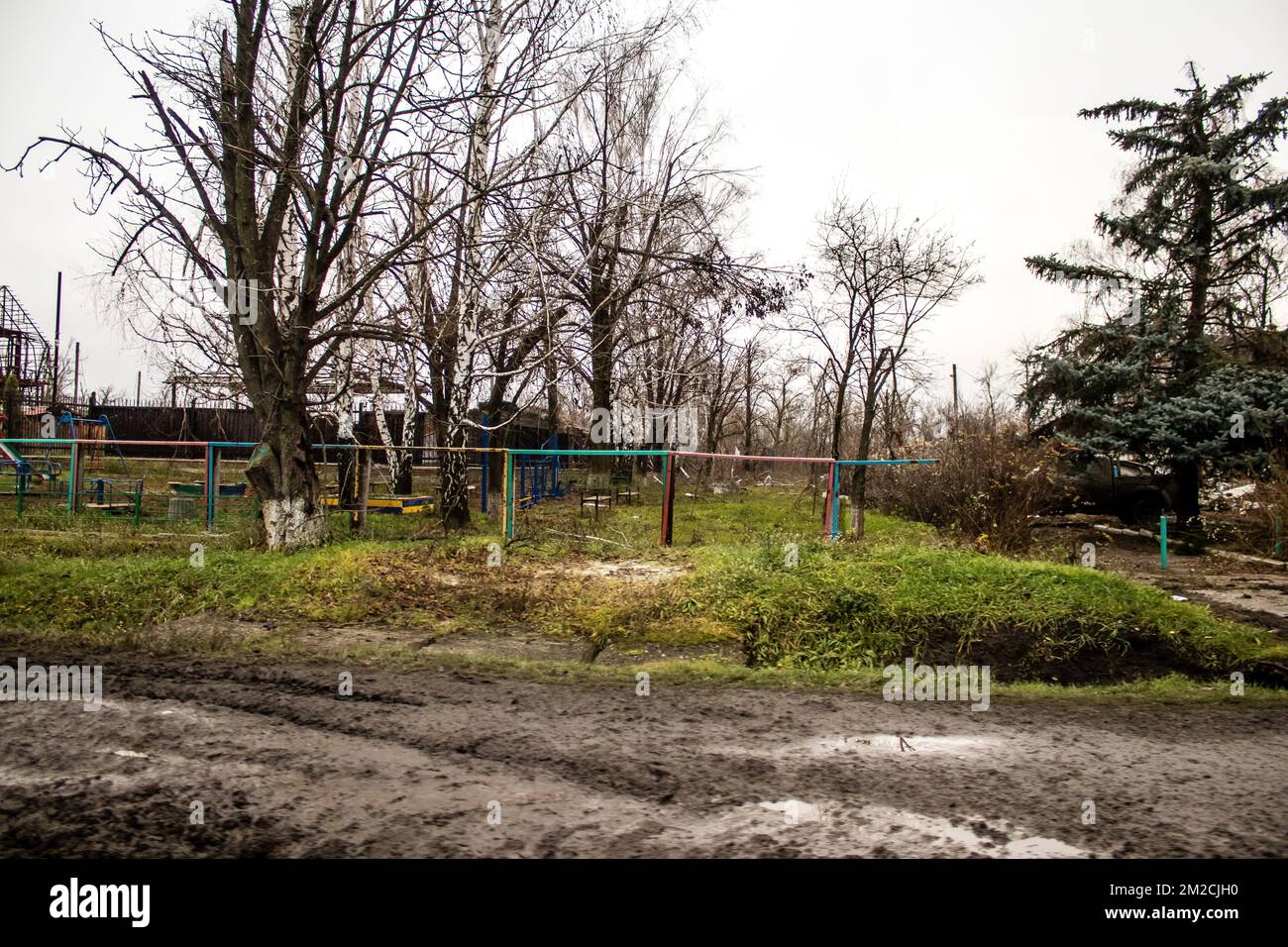 Cityscape of the destroyed village of Terny in the Donbass in Ukraine ...