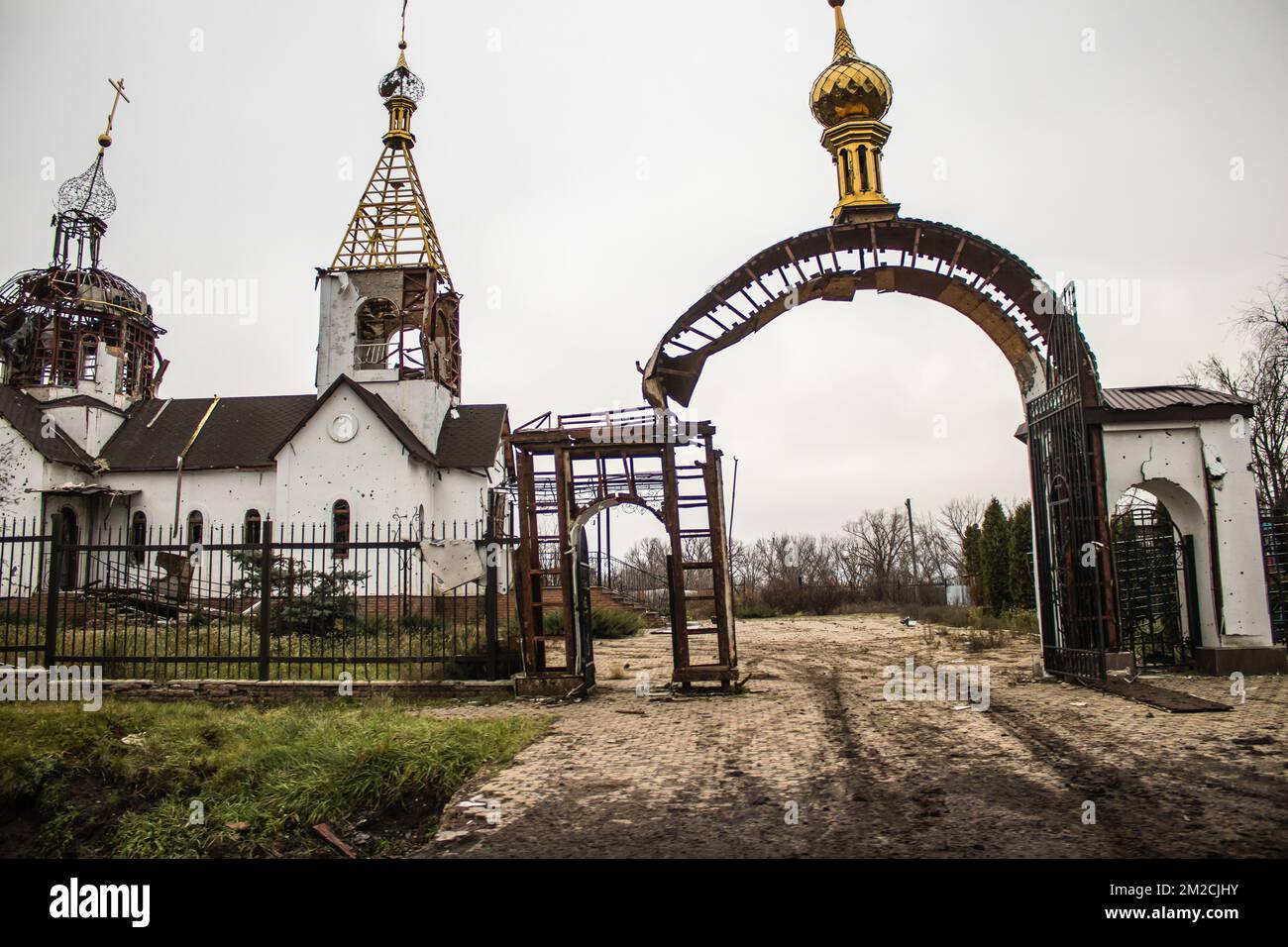 Cityscape of the destroyed village of Terny in the Donbass in Ukraine ...