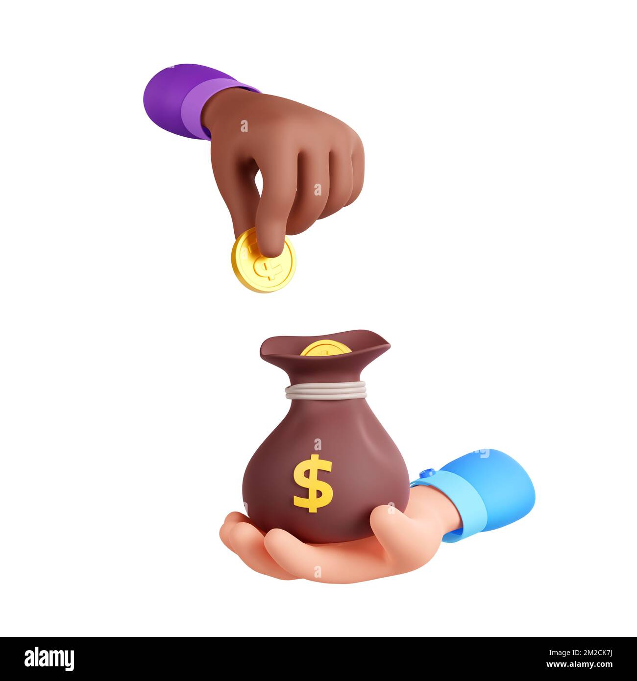 3d render black hand put coin into sack lying on white palm. Business ...