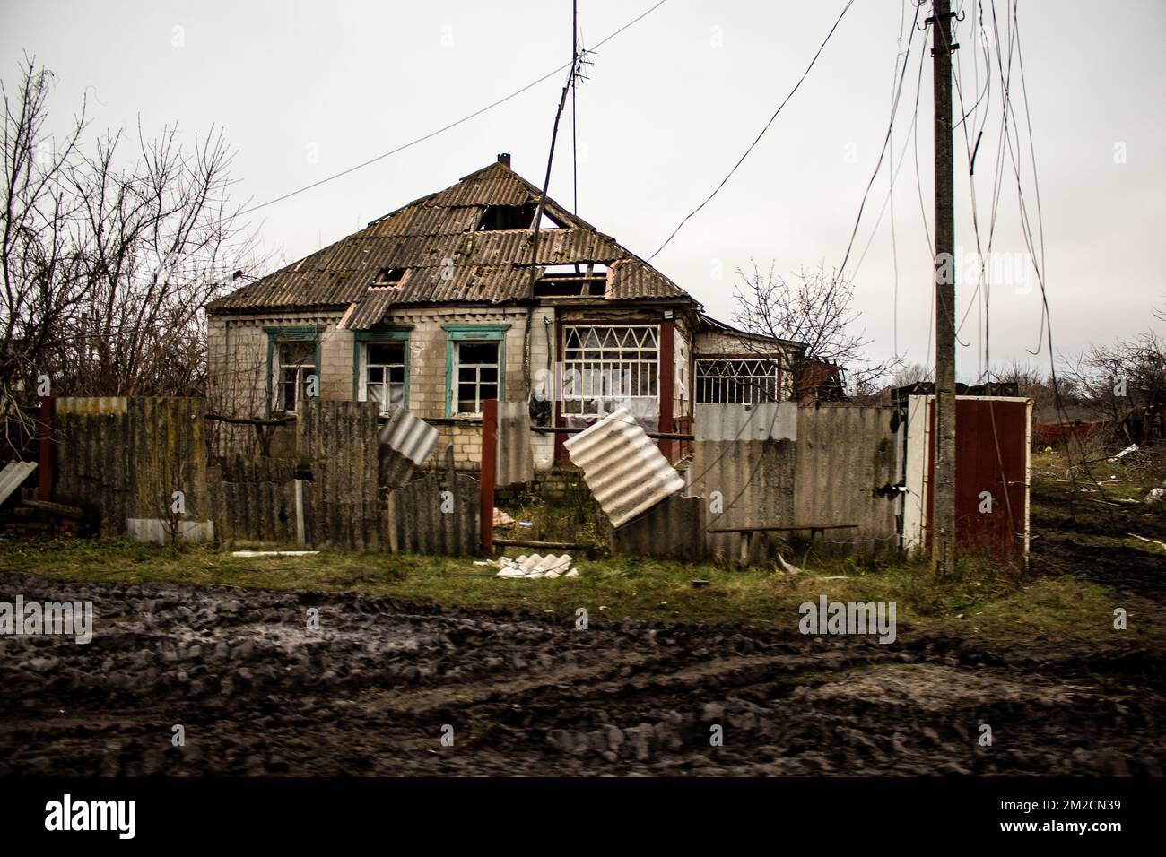 Cityscape of the destroyed village of Terny in the Donbass in Ukraine ...