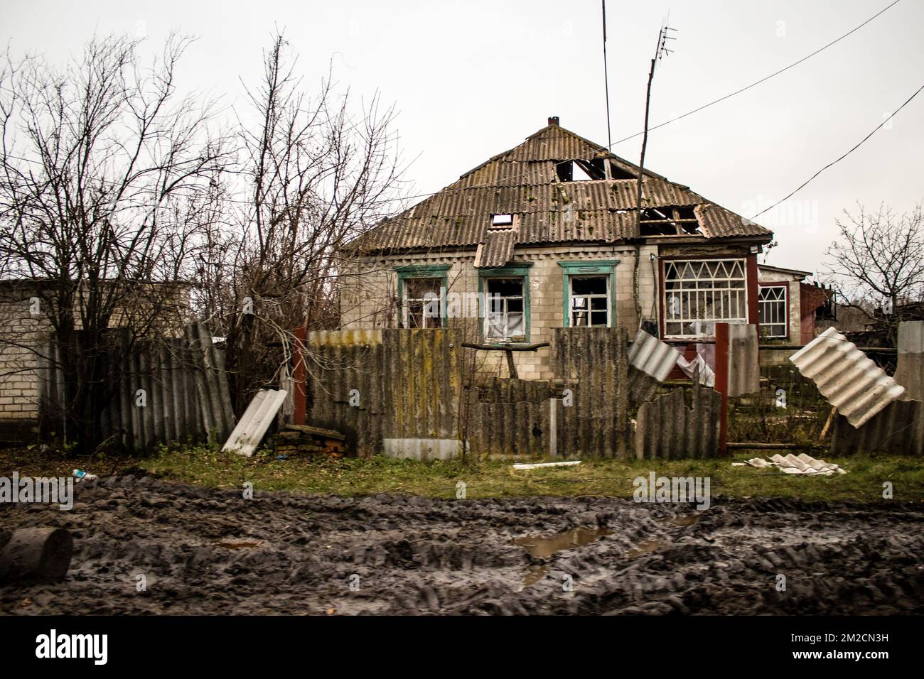 Cityscape of the destroyed village of Terny in the Donbass in Ukraine ...