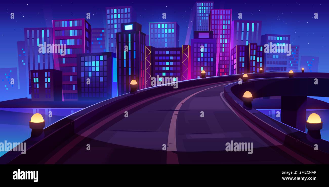 Night city skyline view from bridge, road with glow street lamps ...
