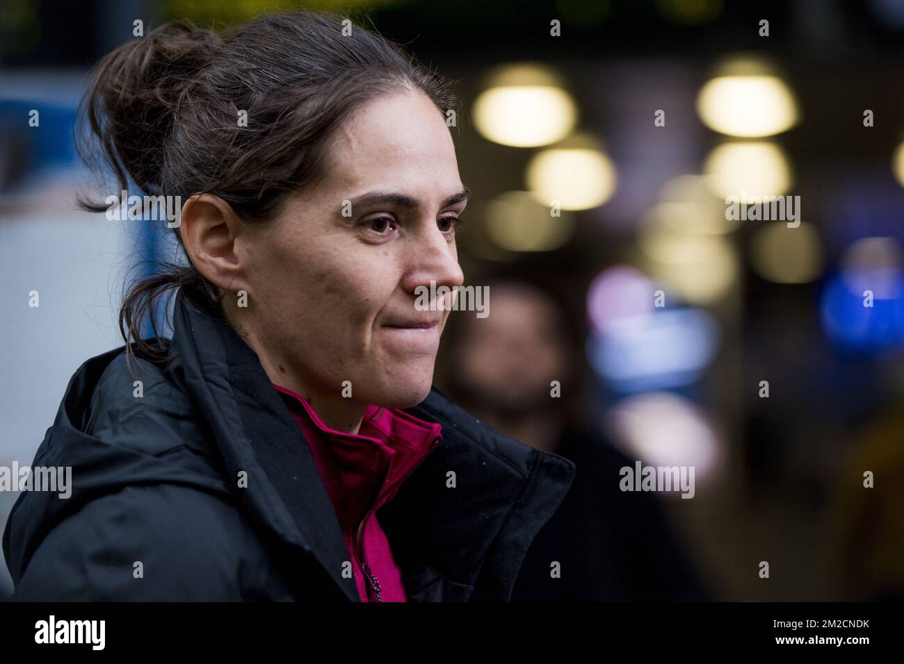 Belgian athlete Sara Aerts talks to the press during the departure of ...