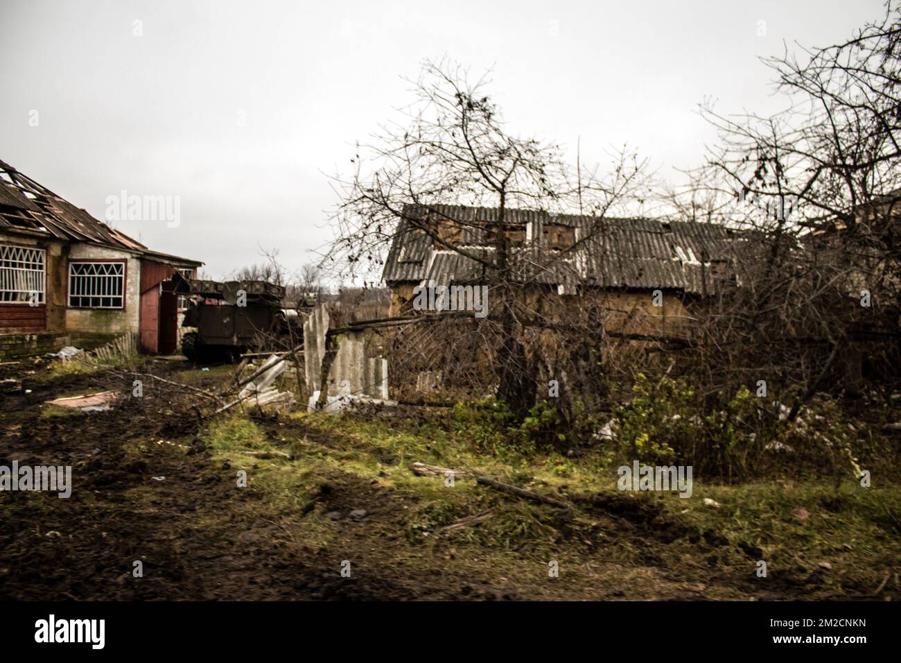 Cityscape of the destroyed village of Terny in the Donbass in Ukraine ...