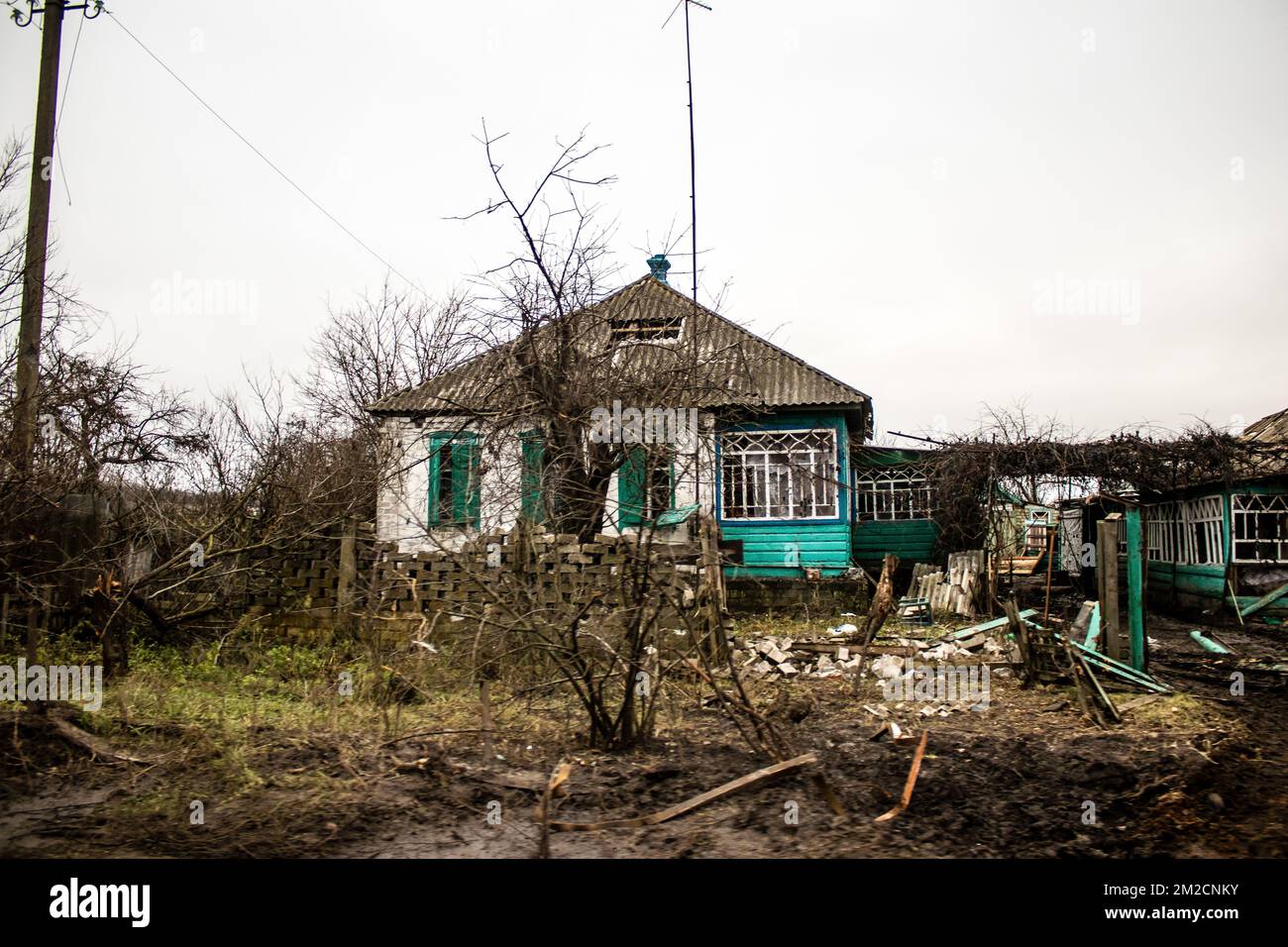 Cityscape of the destroyed village of Terny in the Donbass in Ukraine ...