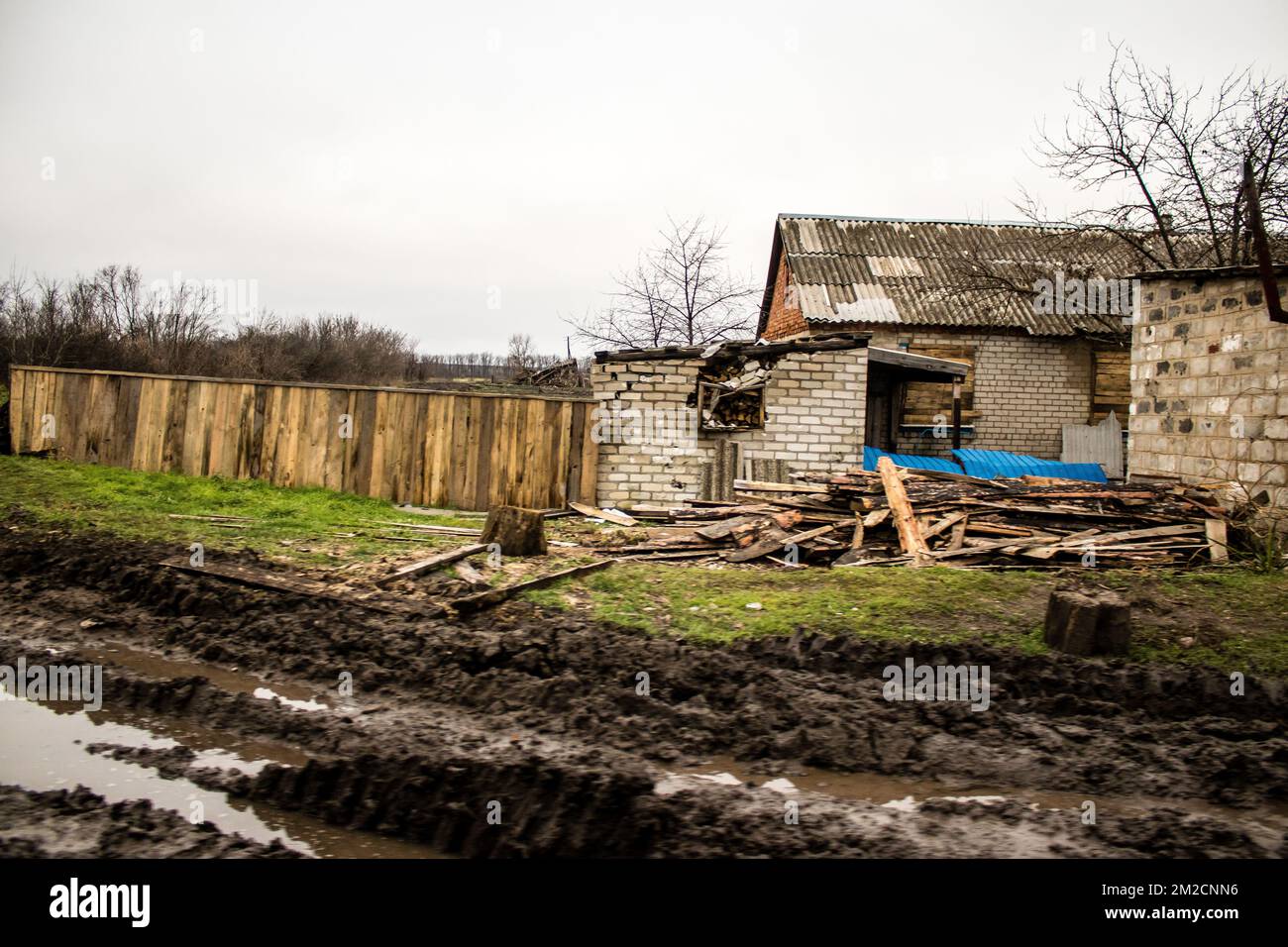 Cityscape of the destroyed village of Terny in the Donbass in Ukraine ...