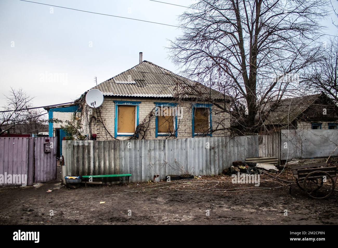 Cityscape of the destroyed village of Terny in the Donbass in Ukraine ...