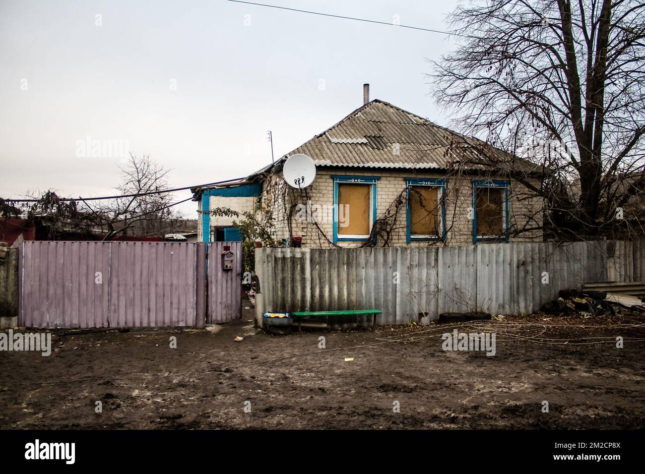 Cityscape of the destroyed village of Terny in the Donbass in Ukraine ...