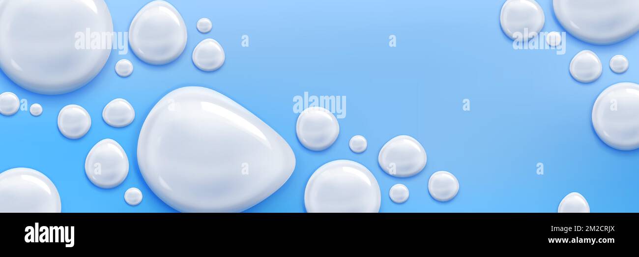 Cream or milk drops on blue background, scatter spherical white bubbles ...