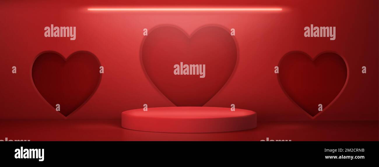Red room with podium or stage and hearts. Valentines Day background ...