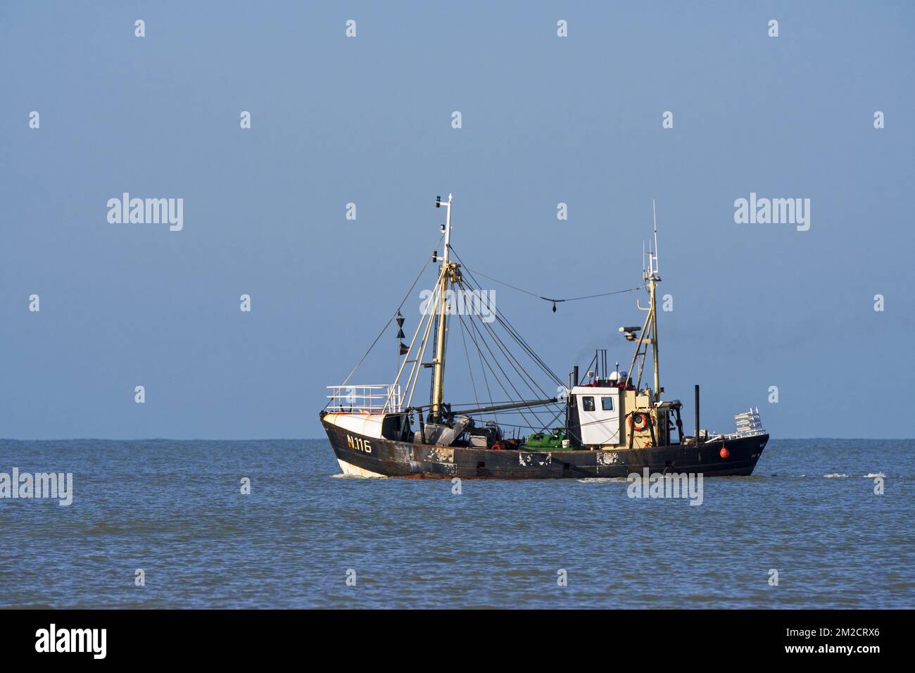 Shrimp trawler / shrimper fishing for shrimps in the North Sea along ...