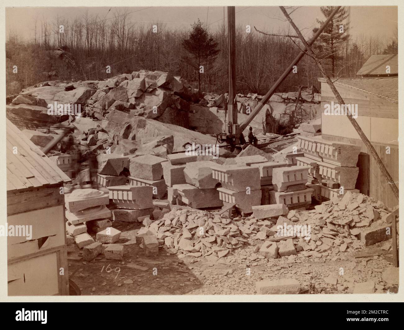 Cornice stone at Milford Quarry, construction of the McKim Building ...
