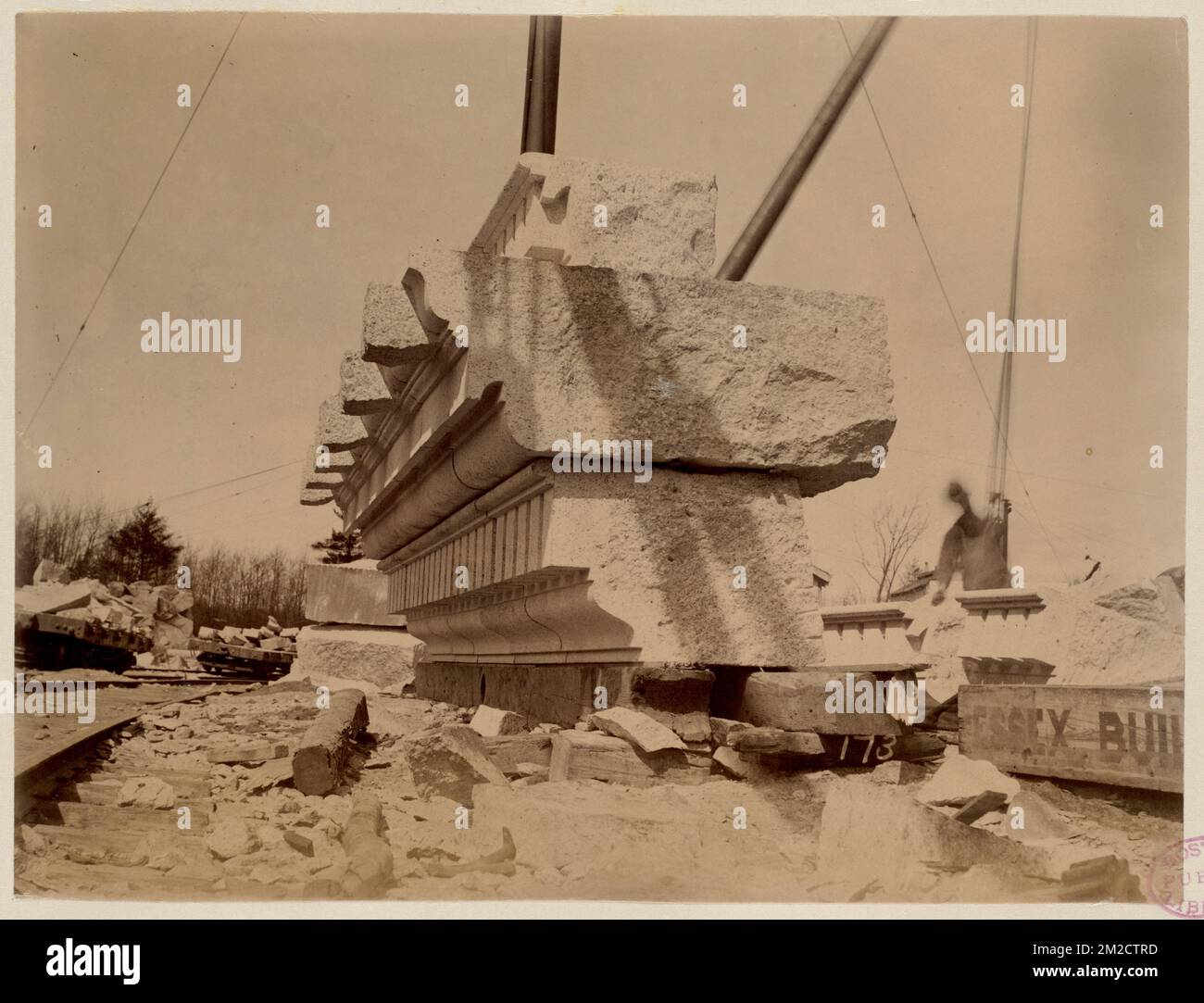 Cornice stone at Milford Quarry, construction of the McKim Building ...