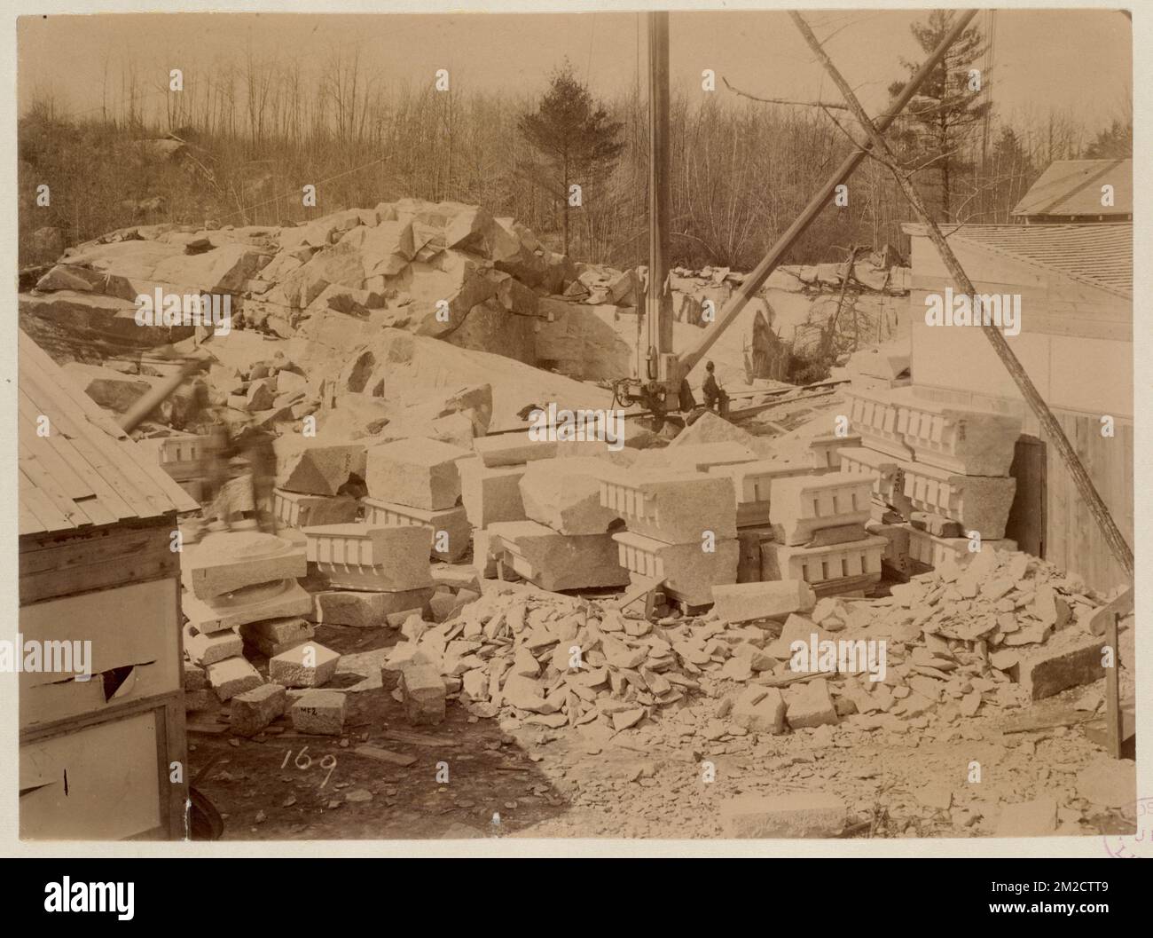 Cornice stone at Milford Quarry, construction of the McKim Building ...