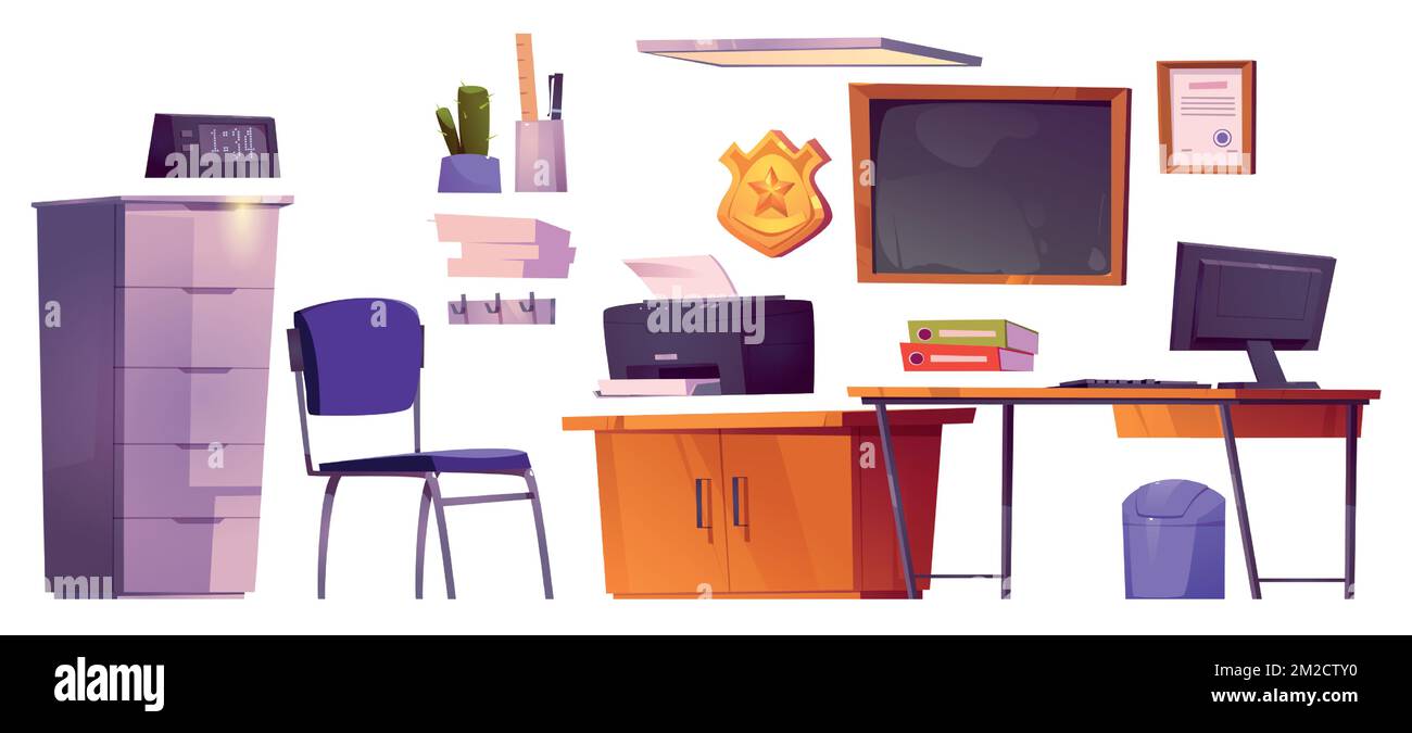 Police station office inside with desk, computer, chair, file cabinet ...