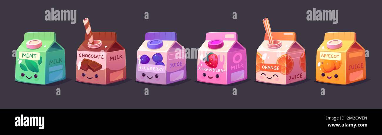 Set of cute kawaii milk and juice carton characters. Trendy vector ...