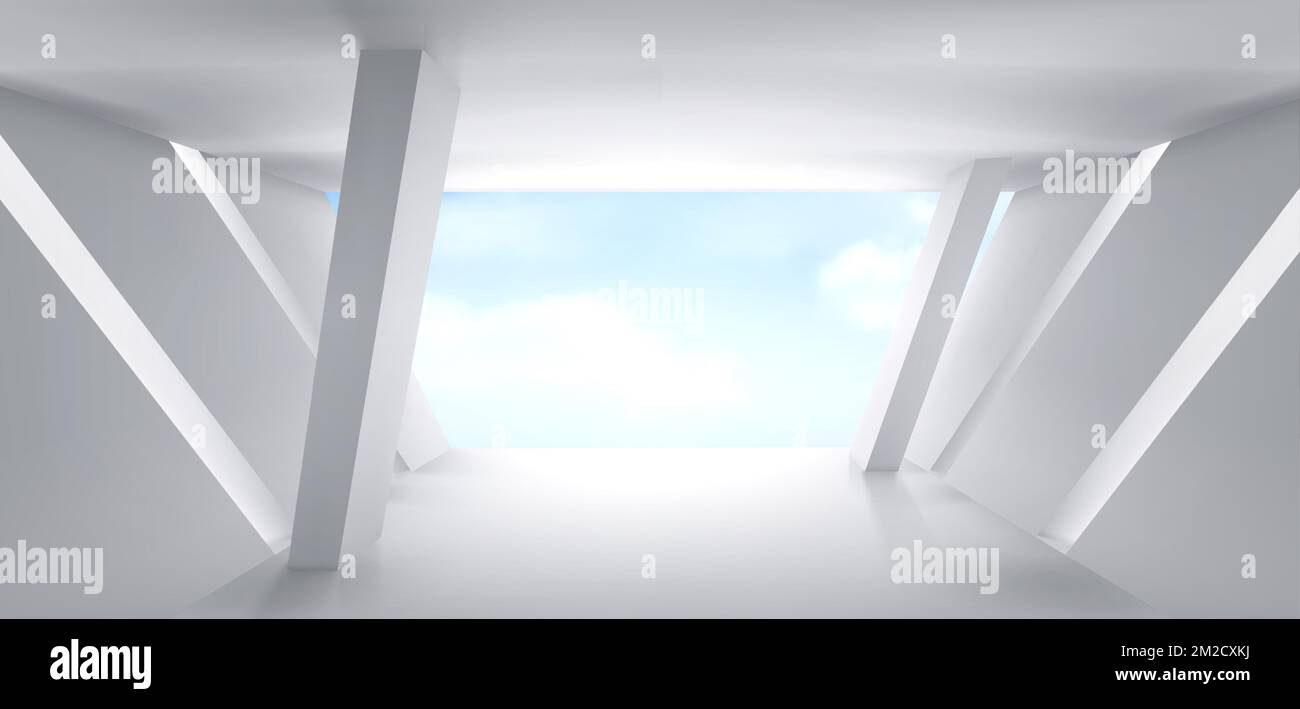 Abstract room, white corridor space with blue sky in open exit. 3d ...